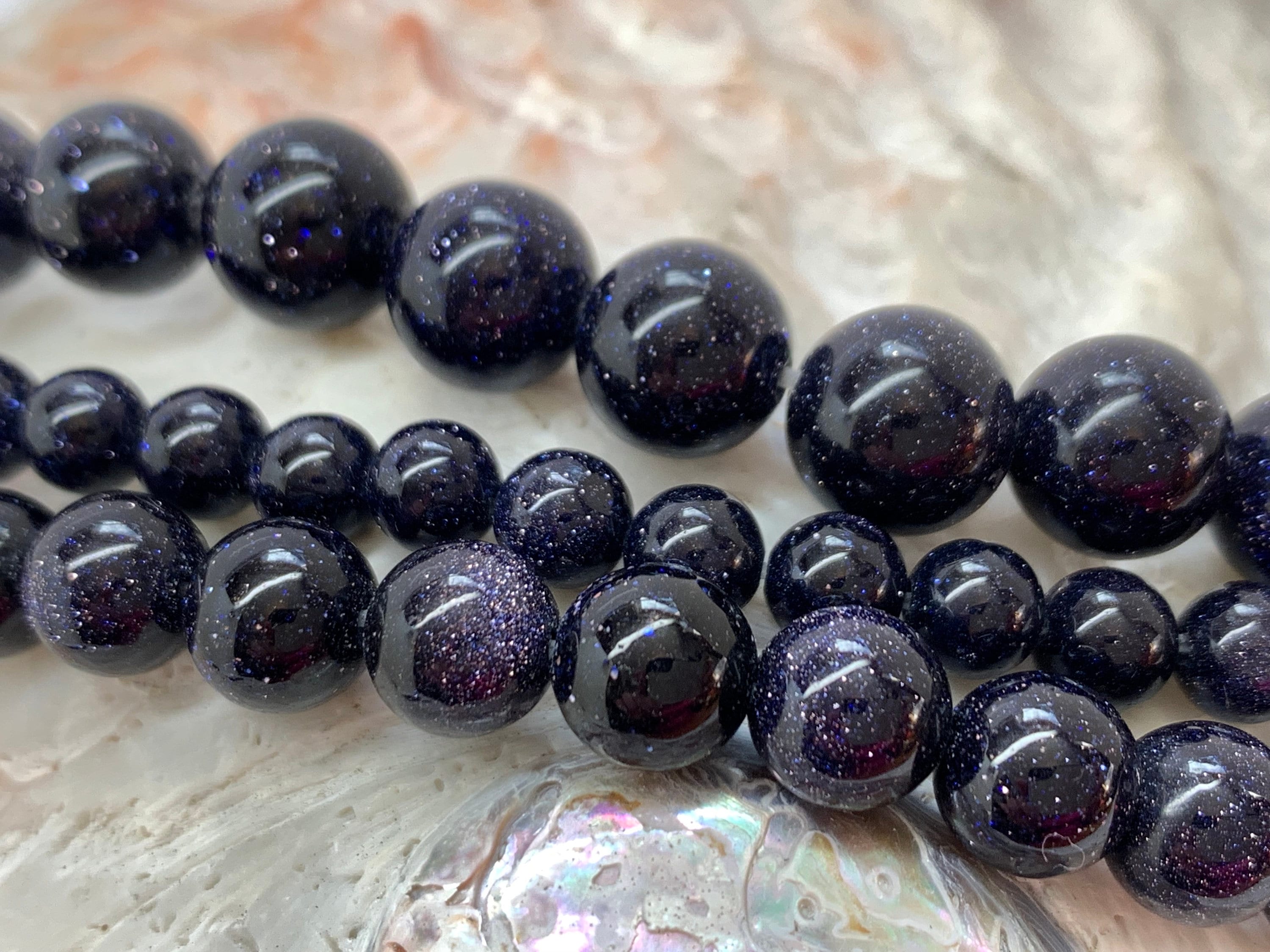 Blue Goldstone / Sandstone beads 8mm rounds / Sparkly dark blue beads ...